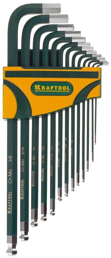 Набор ключей имбусовых KRAFTOOL"INDUSTRIE" длинные, дюймовые, Cr-Mo сталь(S2), Cr покрытие с противоскол напыл, SAE HEX0.05-3/8,13шт