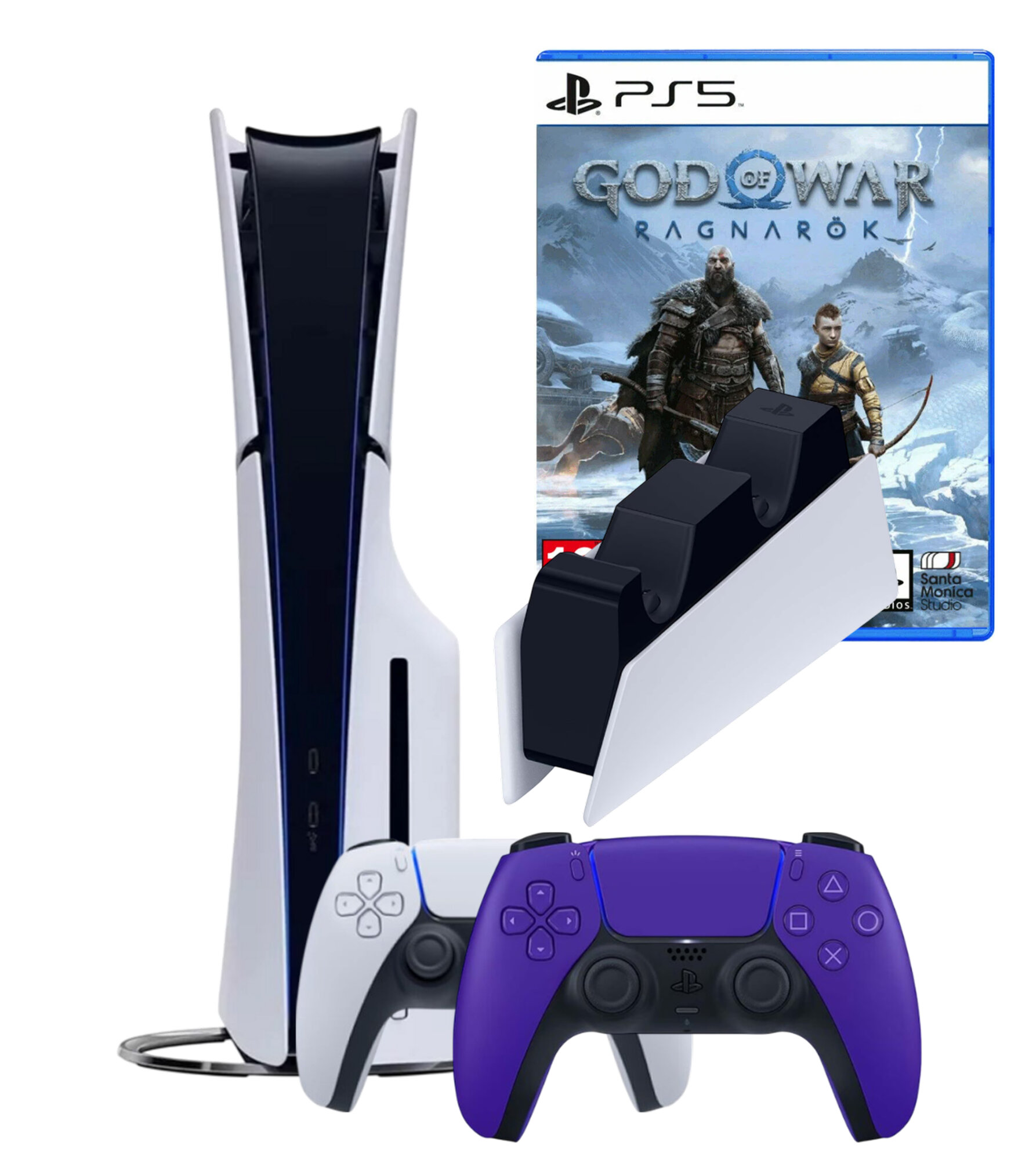 Игровая приставка Sony PS5 Slim + 2й геймпад фиолетовый + игра God of War + станция зарядки