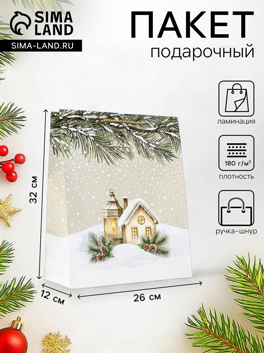 Пакет подарочный новогодний ламинированный, "Новогодний домик", 26x12x32 см, 2 шт.