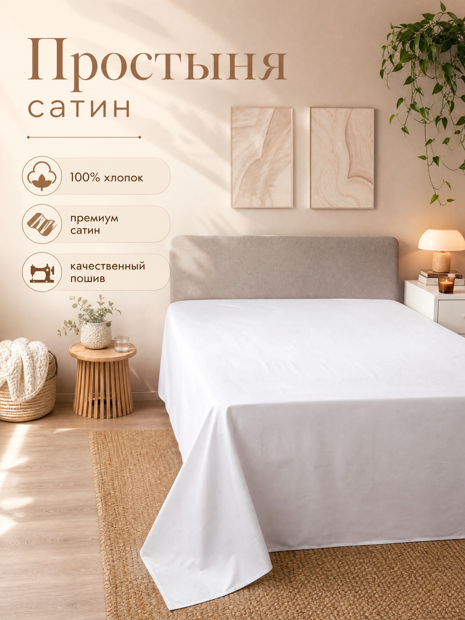Простыня классическая, 240х220см, сатин, хлопок 100%, "Облака"