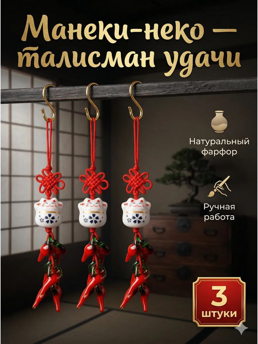 Подвеска оберег Манеки-неко: талисман удачи, 13 см -3 шт.