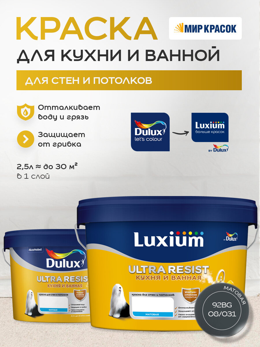 LUXIUM (DULUX) ULTRA RESIST кухня И ванная колерованная краска с защитой от плесени и грибка, матовая (2.25 л) цвет Intense Ink; 92BG 08/031