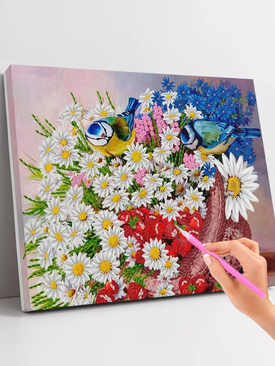 Алмазная мозаика (40x50) "Синички и корзинка"