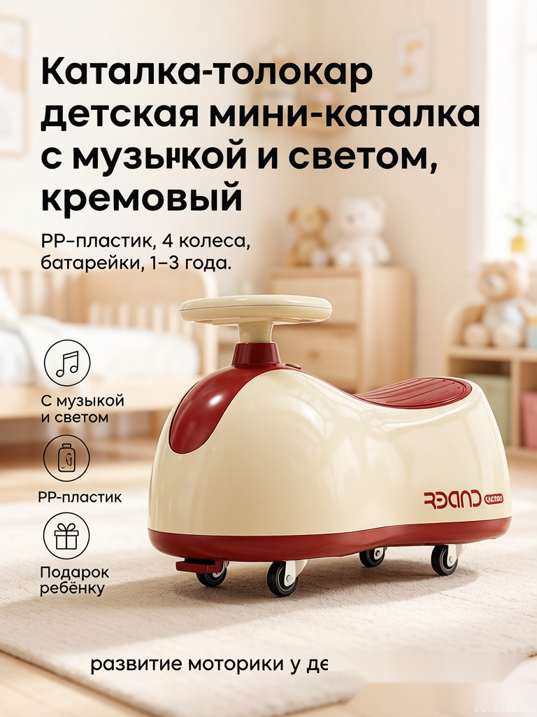 Каталка-толокар детская мини-каталка с музыкой и светом, кремовый, 47×27×30 см