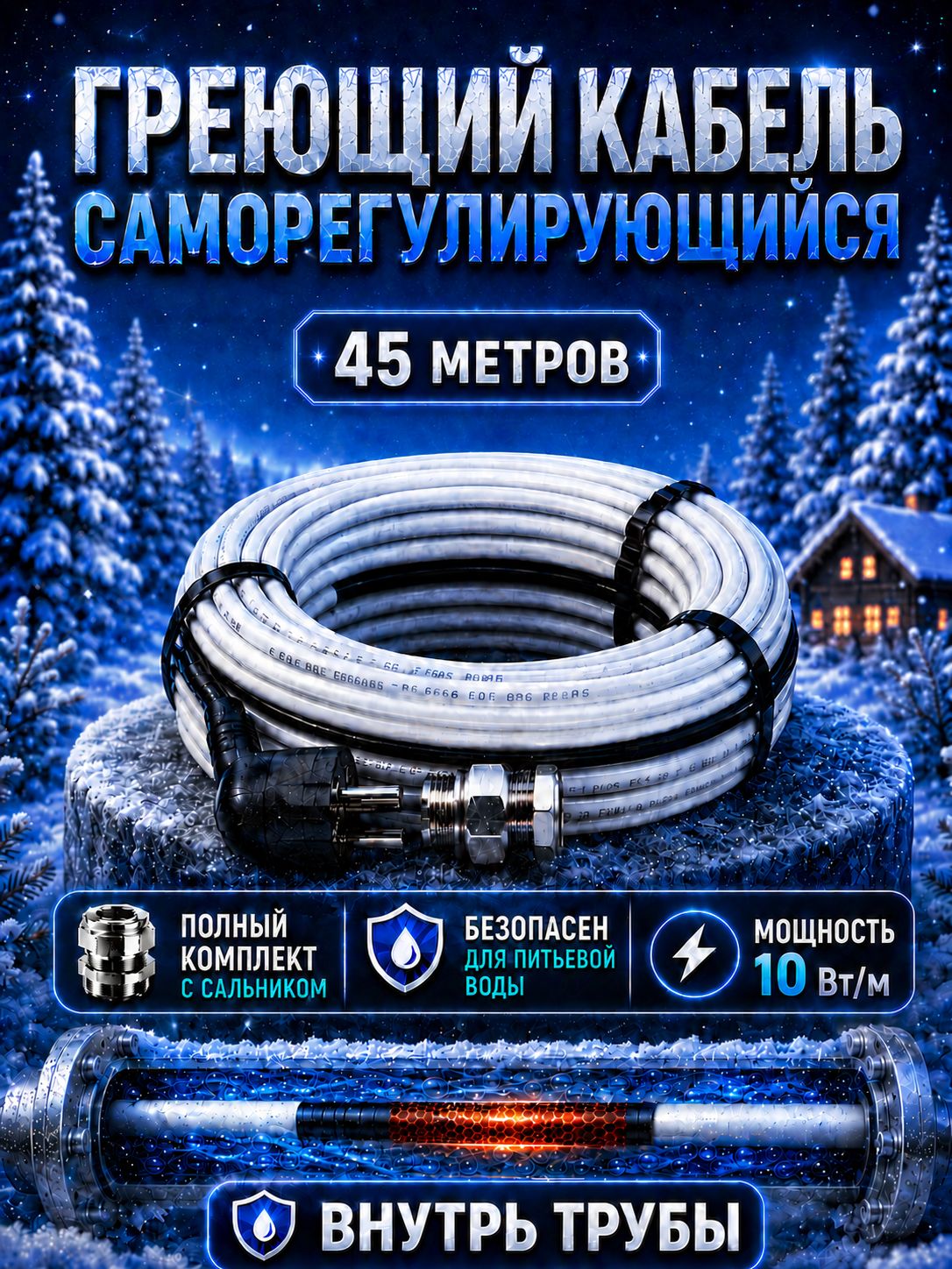 Греющий кабель в трубу водопровода саморегулирующийся 45м - 10Вт/м комплект TM PRO