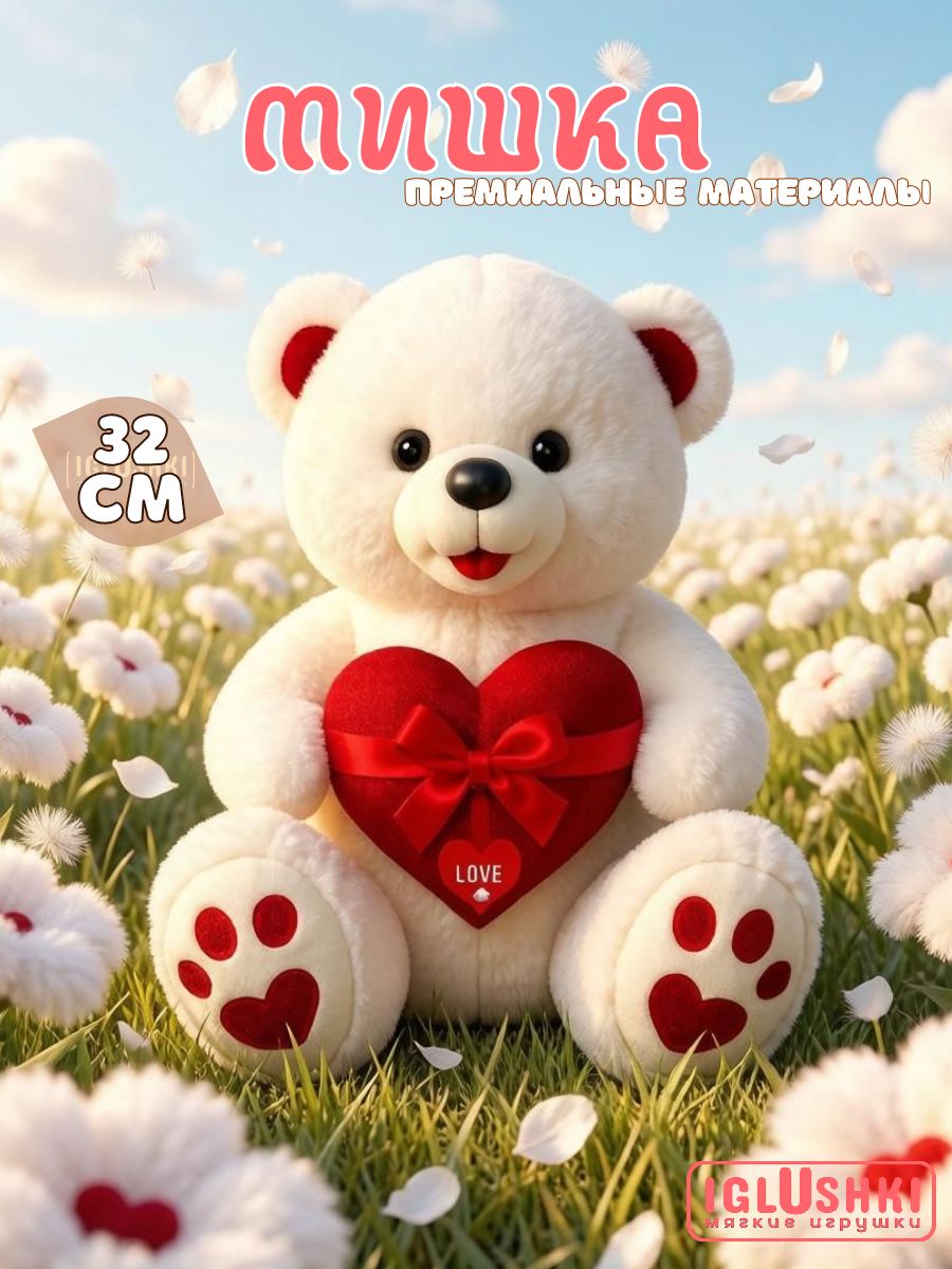 Мягкая игрушка мишка с сердечком 32 см / Медведь с сердцем плюшевая игрушка для девушки