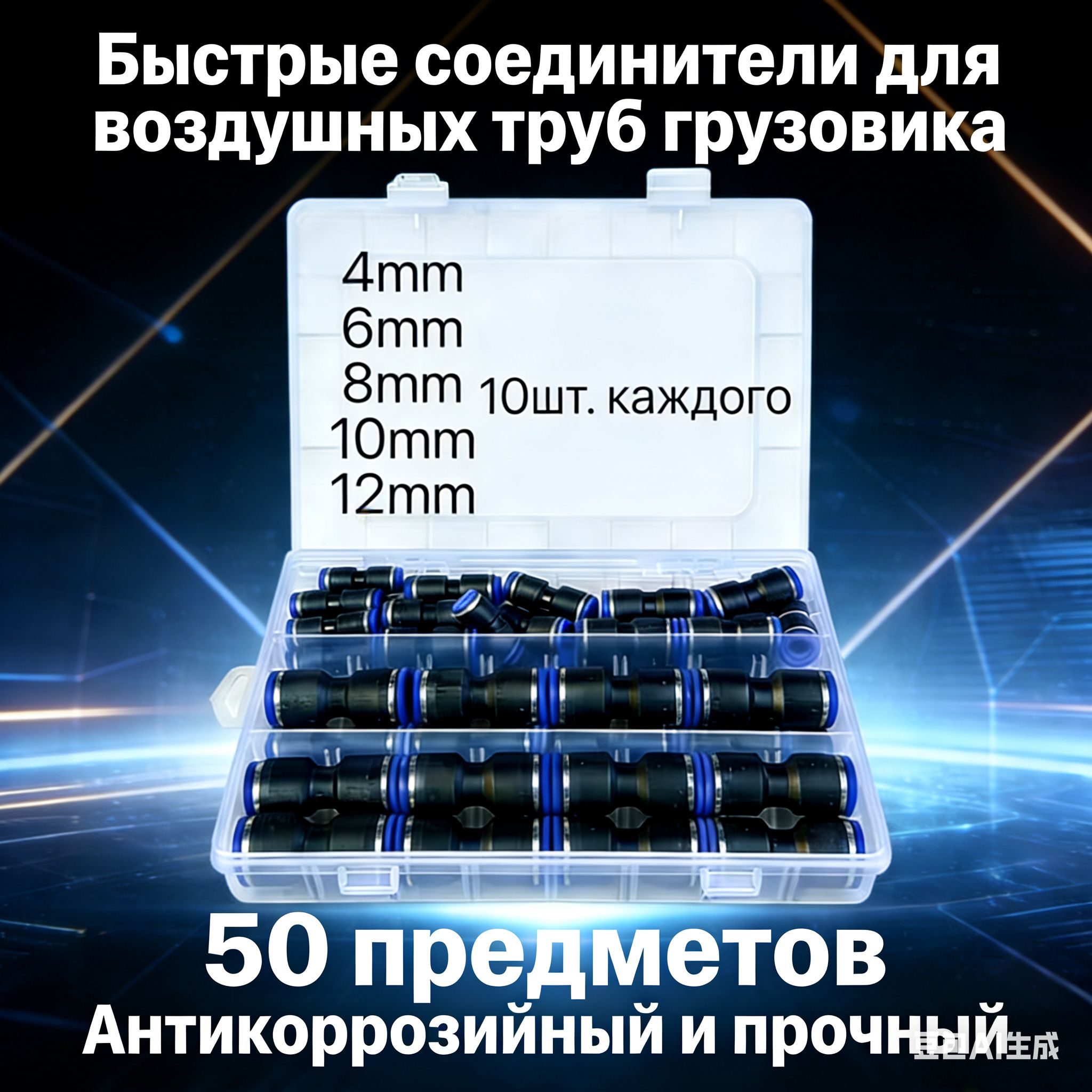 Фитинг пневматиЧеский прЯмой нaбop4MM,6MM,8MM,10MM,12MM.50 штук