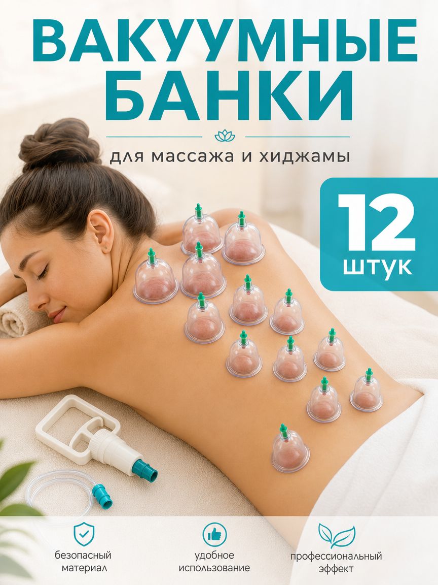Банки для массажа и хиджамы вакуумные с насосом 12 шт в наборе
