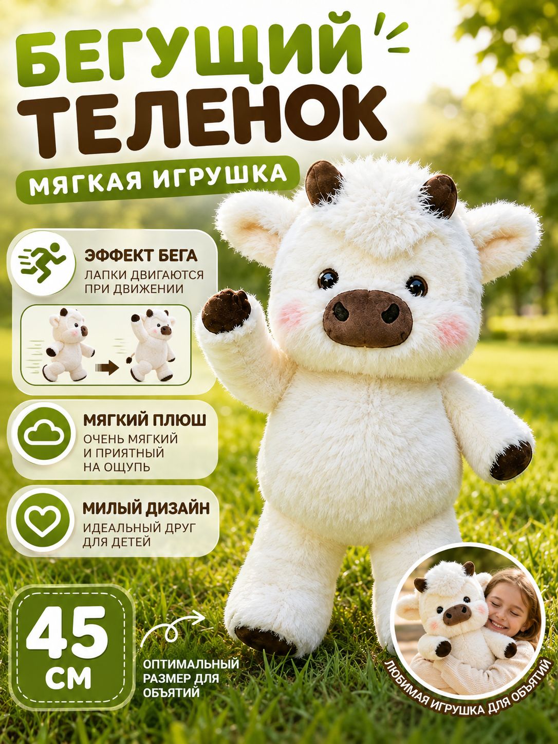 45 см, Бегущий теленок игрушка мягкая, Детские подарки
