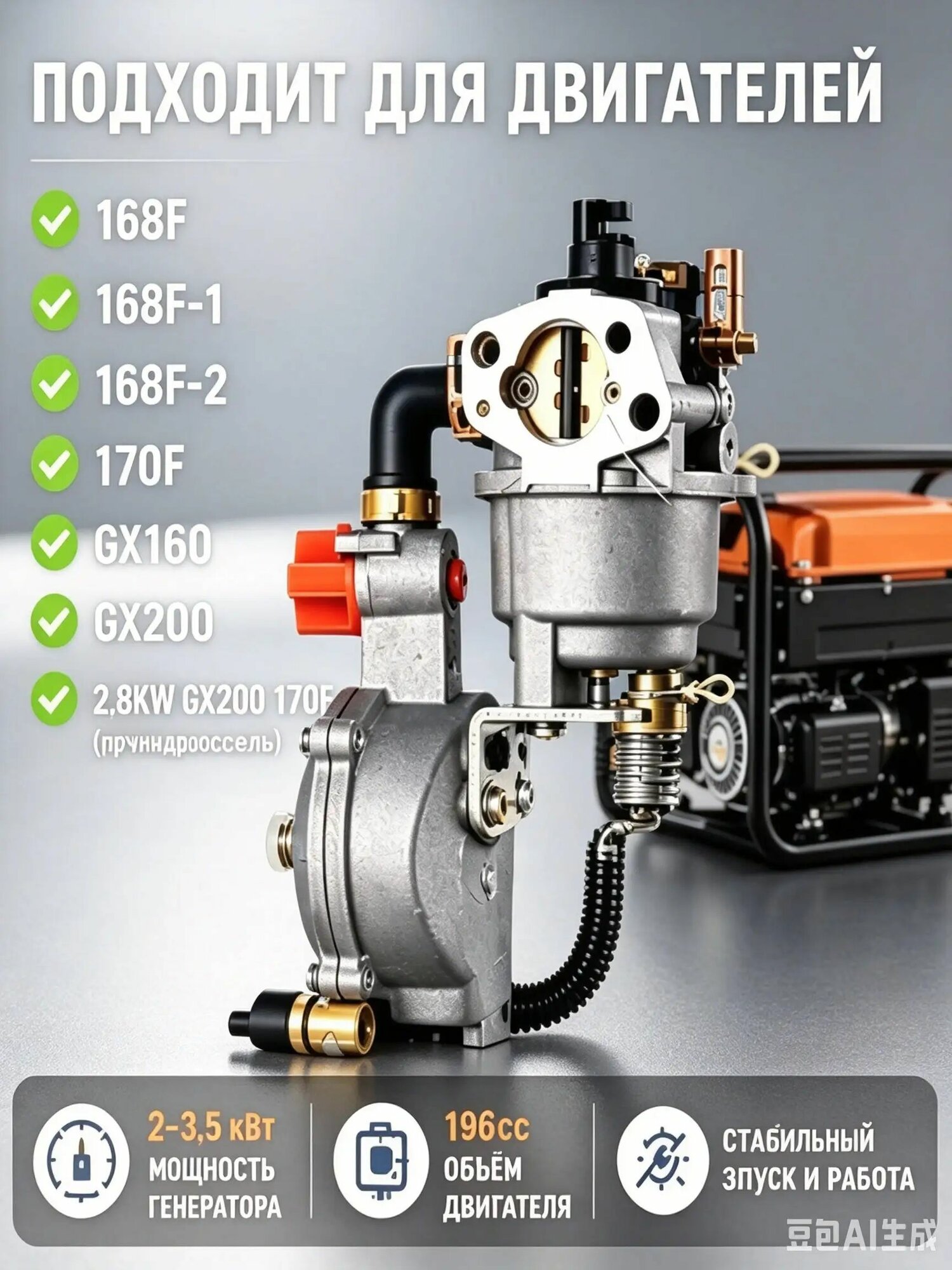 Карбюратор газ-бензин для двигателей 168F/170F (GX160/GX200); двухтопливный, для генераторов, мотоблоков и мотопомп 1.5-3.5 кВт, экономия топлива.