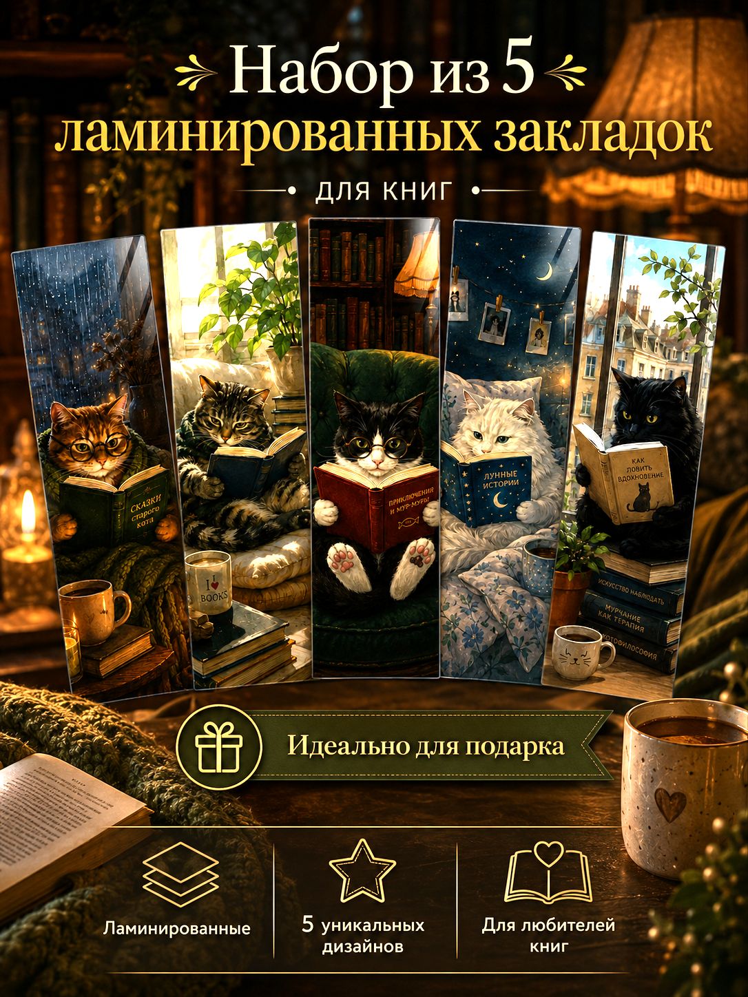 Набор из 5 закладок. Котики читают книги