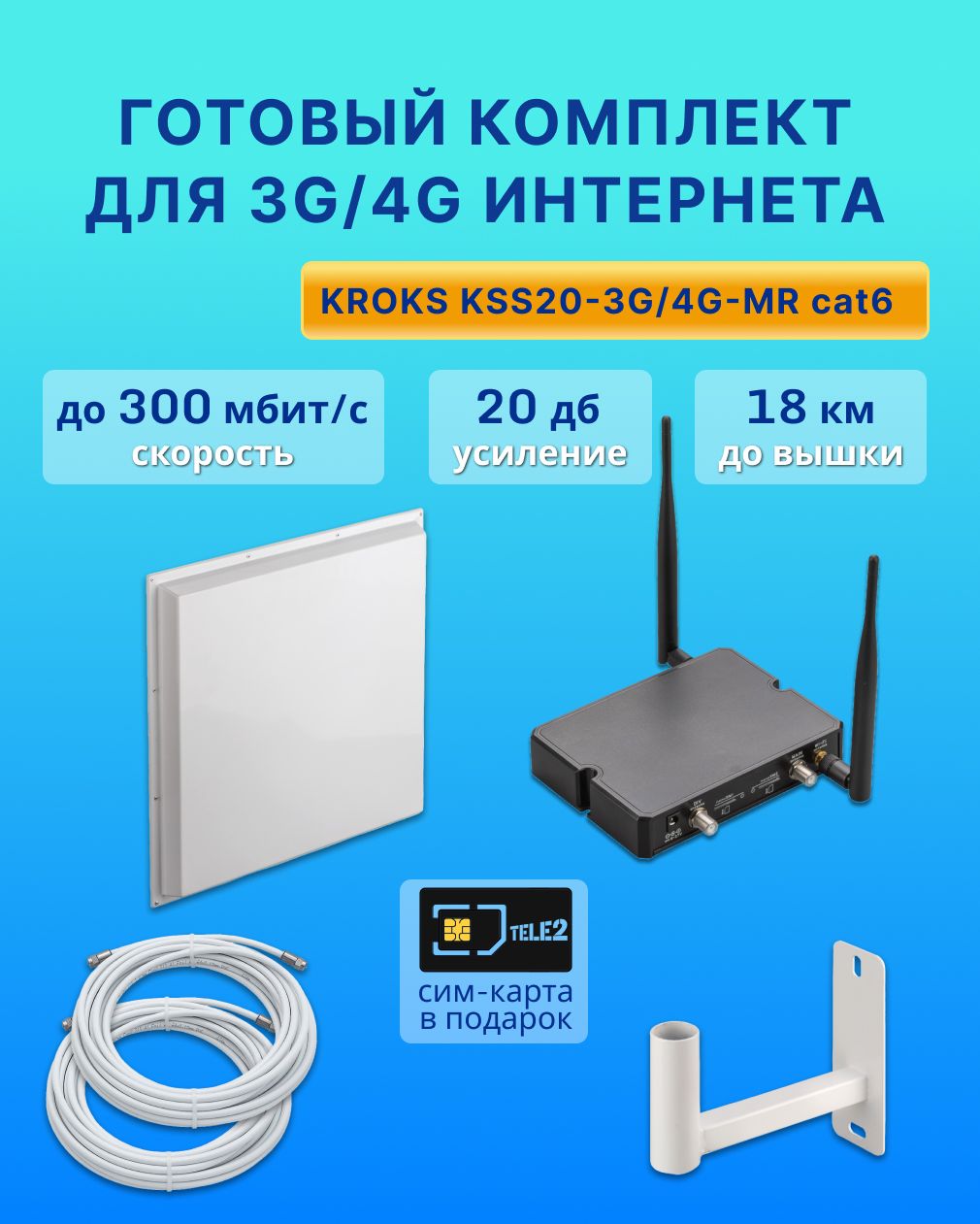 Мощный комплект 4G интернета LTE Cat.6 для дачи и дома Wi-Fi, KROKS KSS20-3G/4G-MR cat6
