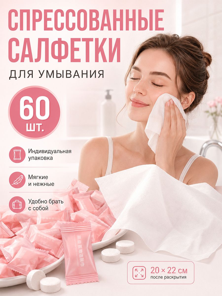 Прессованные салфетки-таблетки для умывания лица, набор 60 штук одноразовых салфеток