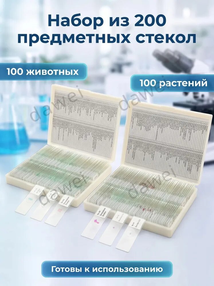 Набор готовых микропрепаратов 200 шт. (100 животных + 100 растений) для микроскопа, для обучения и подарка
