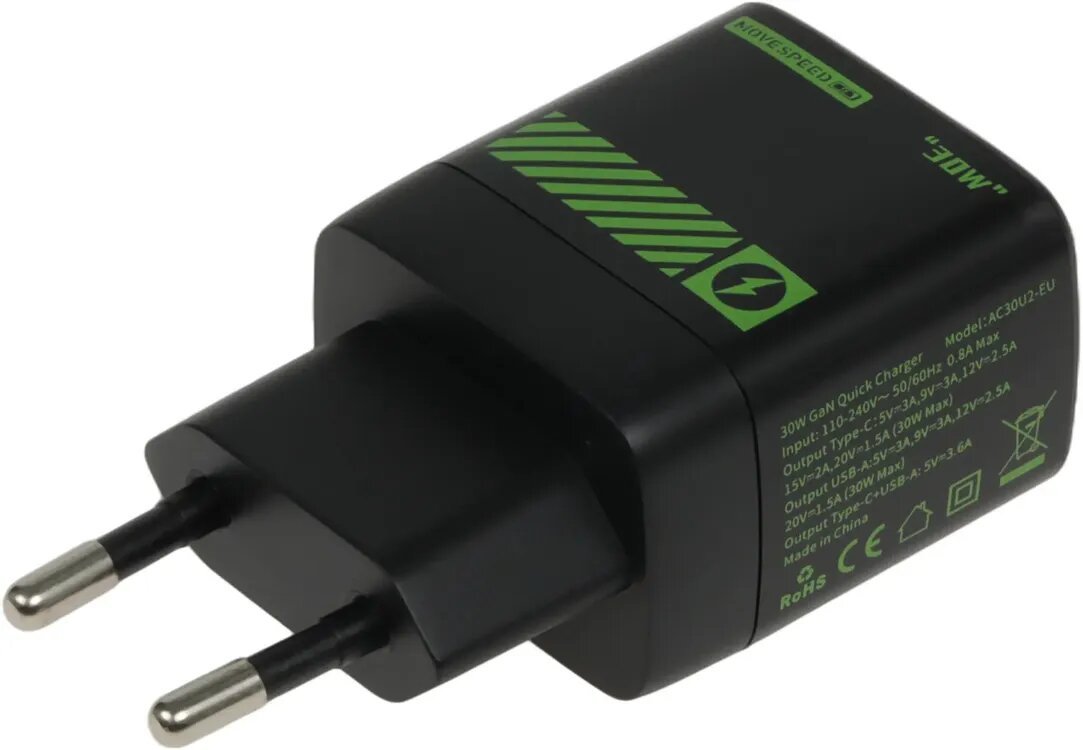 Сетевое зарядное устройство MOVESPEED AC30, USB-A, USB-C, 30Вт, 3A, черный