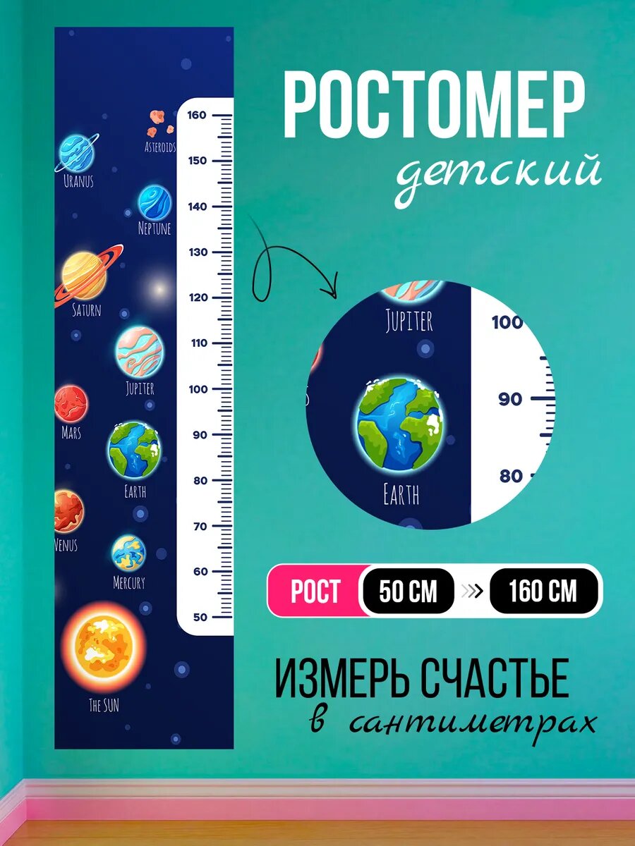 Детская наклейка ростомер на стену Планеты в космосе 40х160