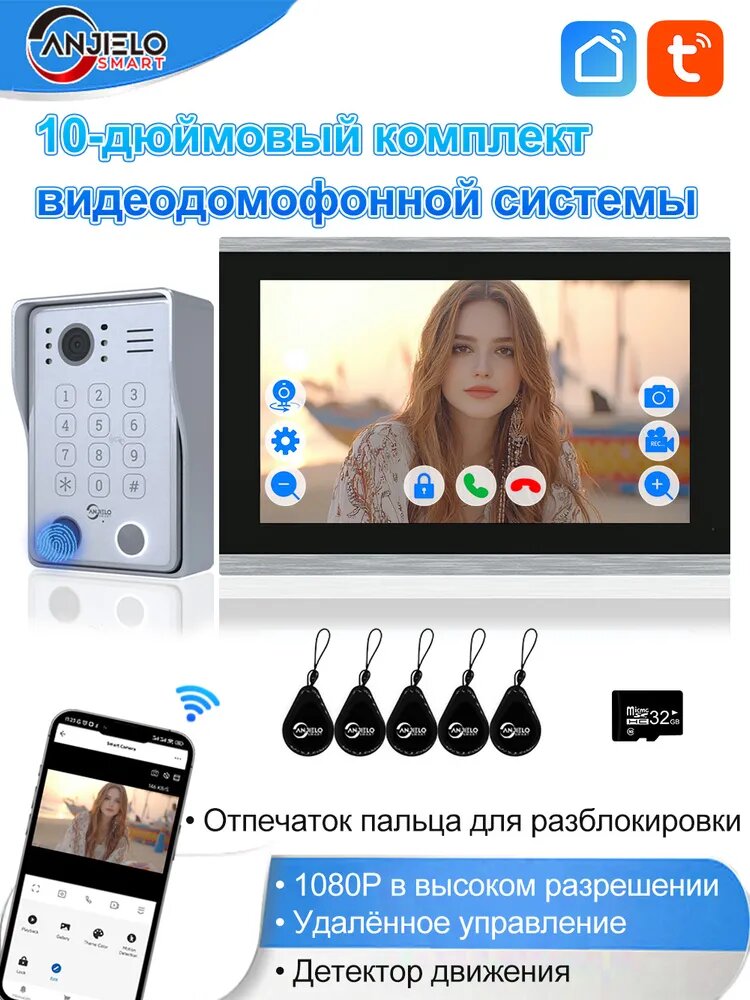 Уличная панель видеодомофона 4-проводная, 2MP камера, отпечаток пальца, пароль, RFID