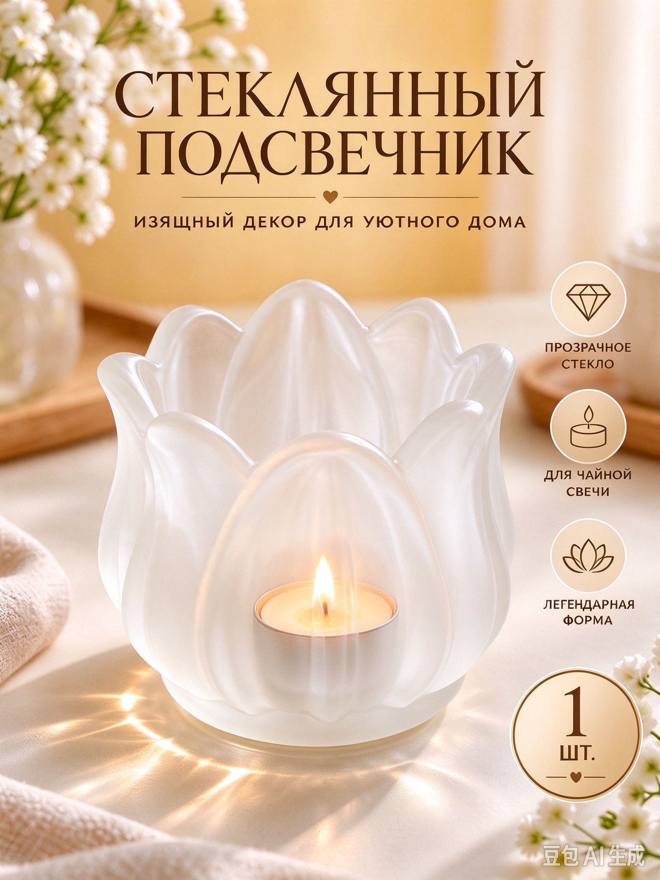 Декоративный подсвечник тюльпан из стекла