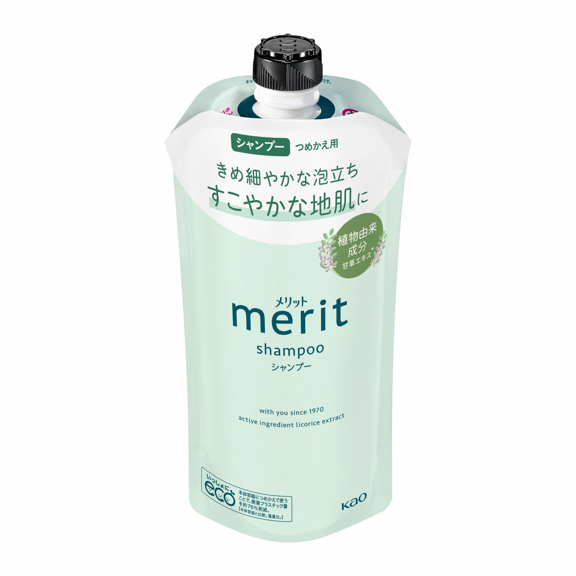 KAO Шампунь для волос MERIT бессиликоновый увлажняющий с экстрактом солодки 320 мл. сменная упаковка