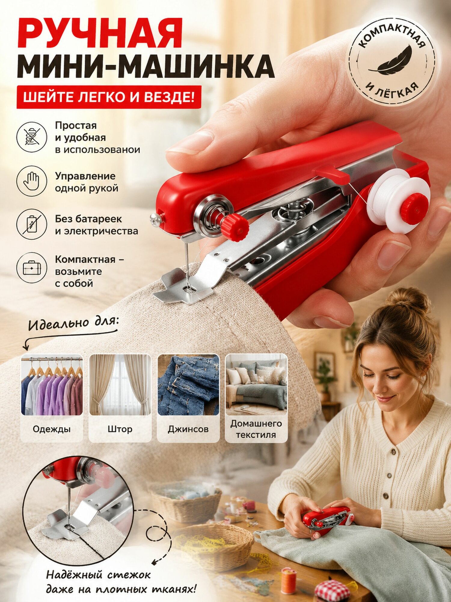 Мини-швейная машинка ручная портативная, карманный степлер для быстрого ремонта одежды дома и в дороге Красная швейная машинка 1Ш