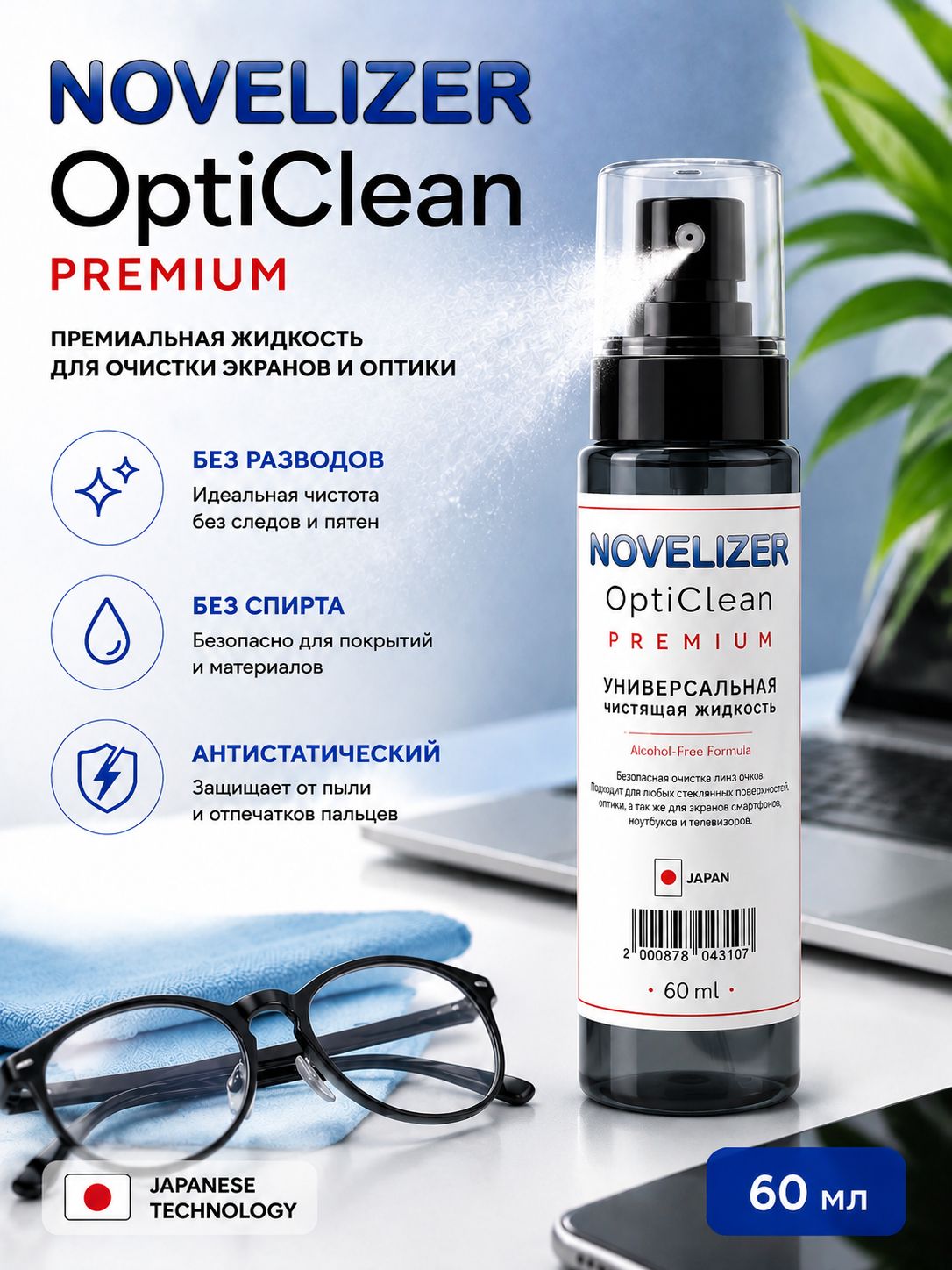 Жидкость для очистки экранов и очков Novelizer OptiClean Premium, спрей для, для экранов, мониторов, смартфонов, оптики