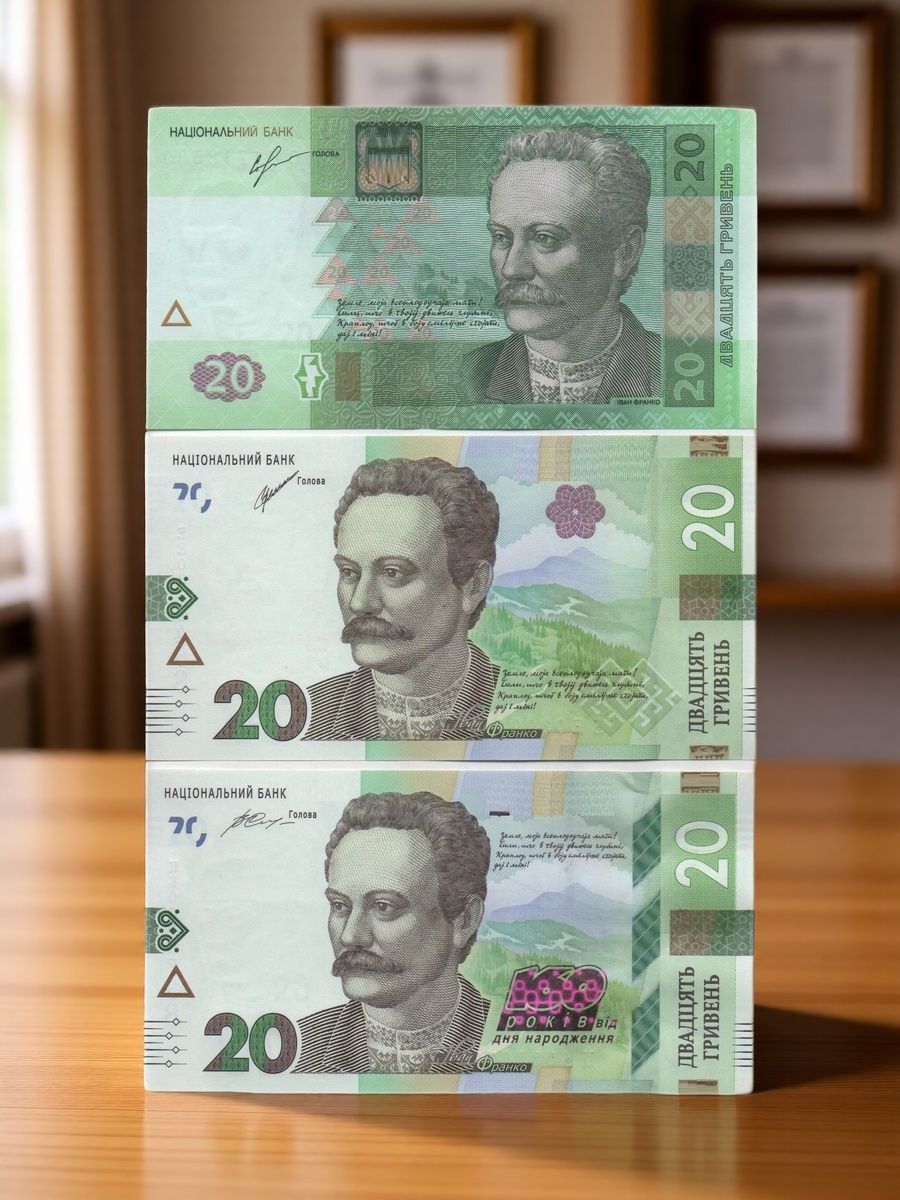 Набор Купюр 20 грив 3-х видов с 2013 по 2021 год выпуска . Пресс UNC
