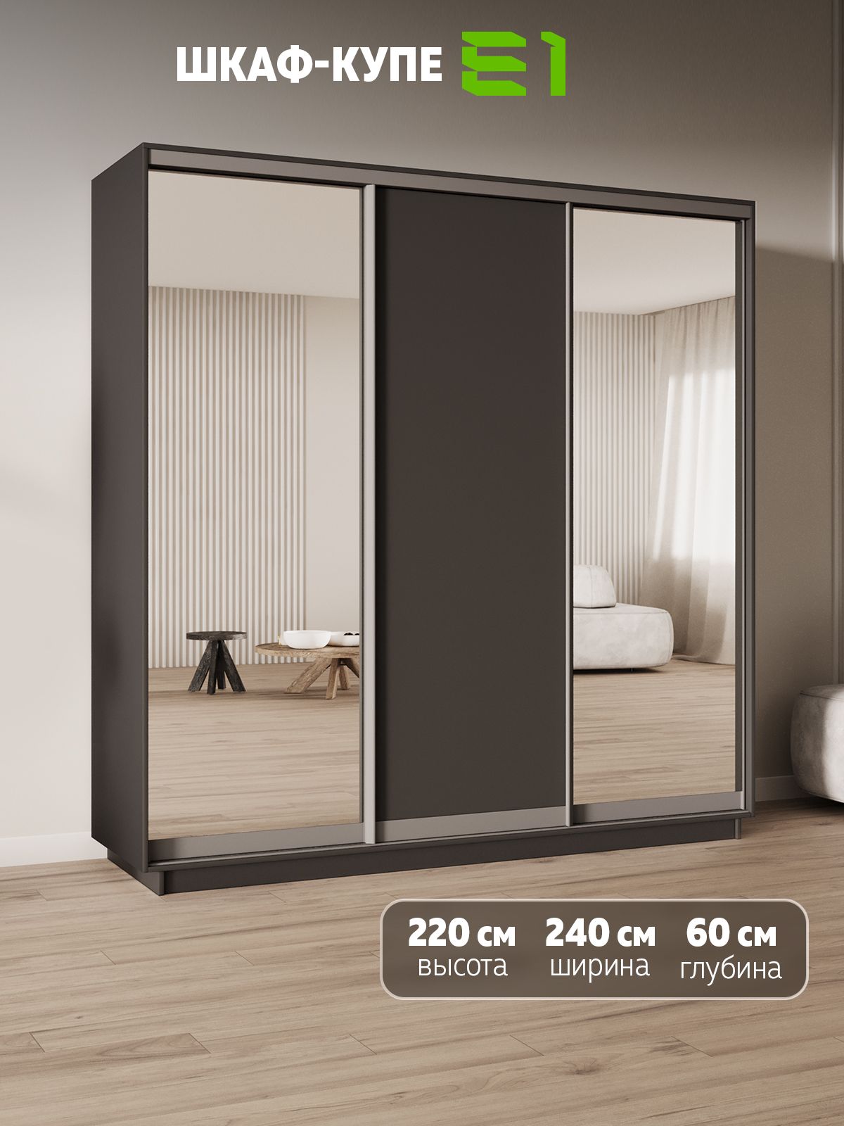 Шкаф-купе Е1 Экспресс трехдверный, 2 зеркала/лдсп, 240х60х220, темно-серый