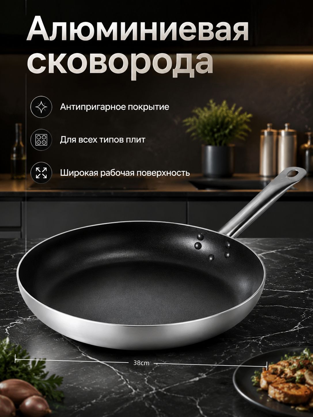 Алюминиевая сковорода, 36 см, с антипригарным покрытием, для всех типов плит