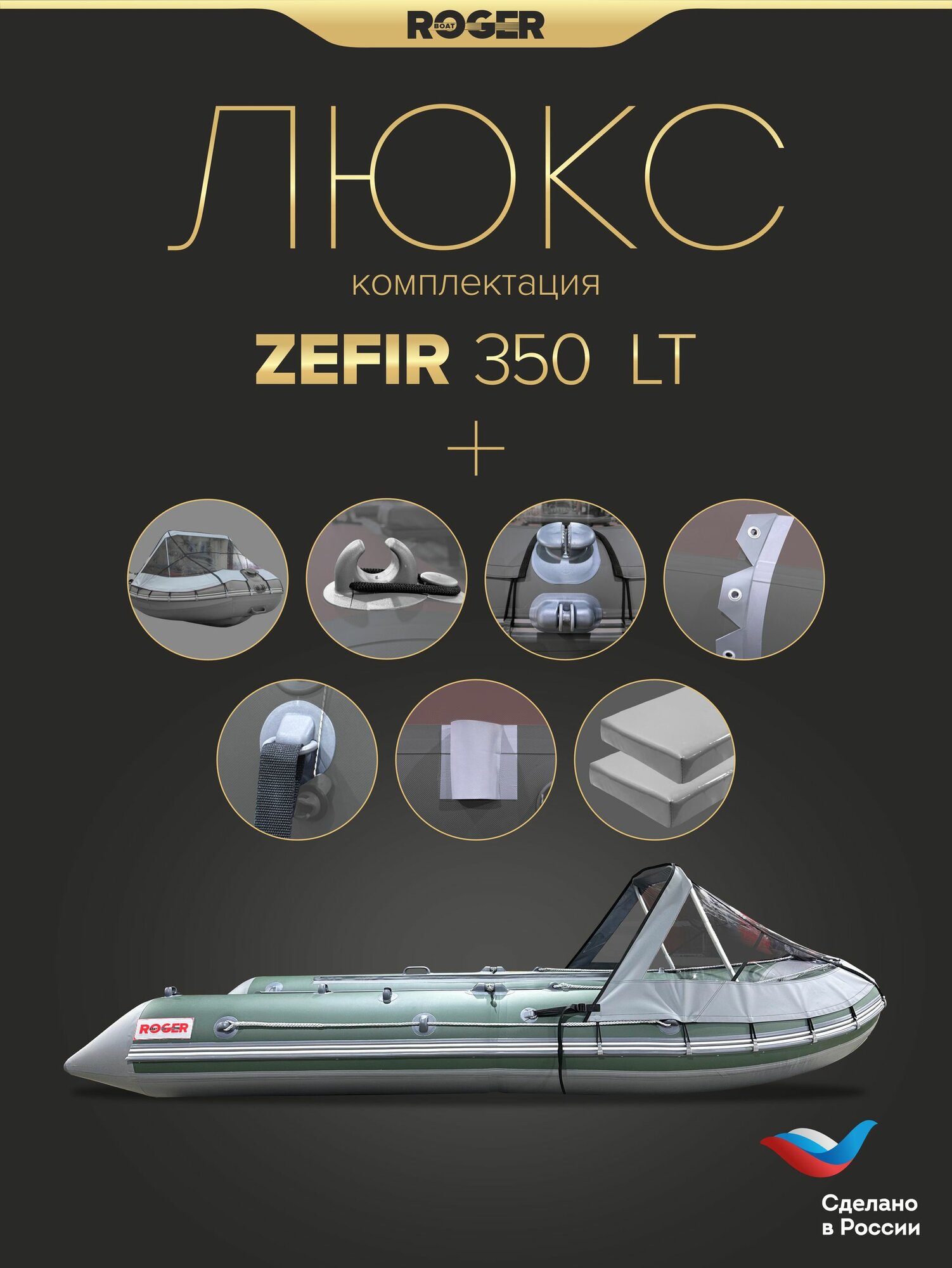 Лодка ПВХ под мотор ROGER Zefir 350 LT люкс с дополнительными опциями, надувная для рыбалки НДНД малый киль (зеленый-серый)