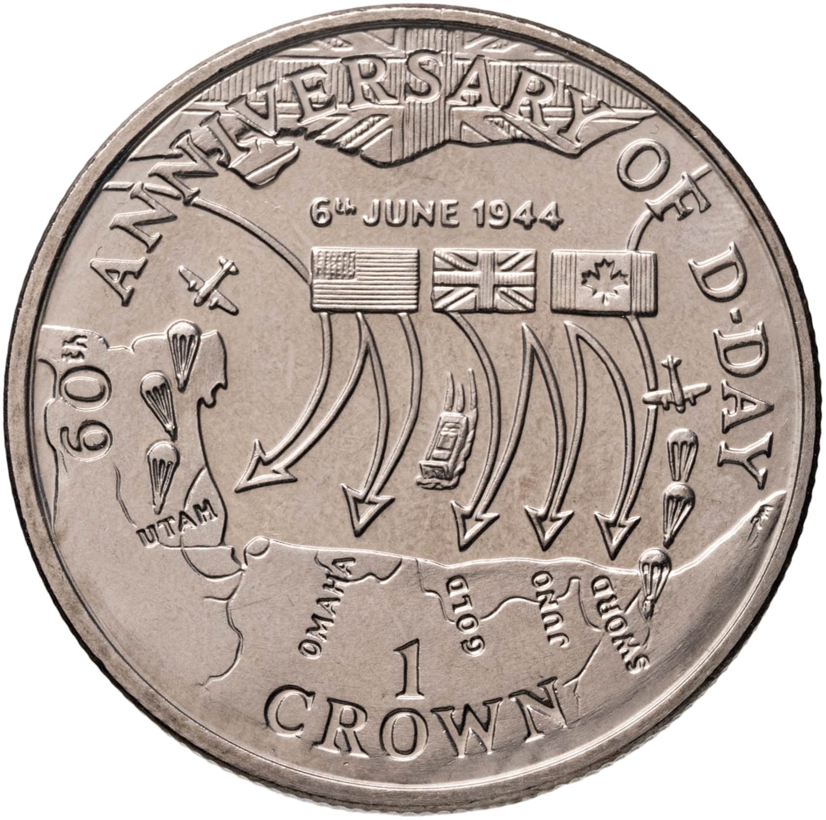 Остров Мэн 1 крона crown 2004 "60 лет Высадке в Нормандии", Мельхиор медь-никель, в сохранности BUNC