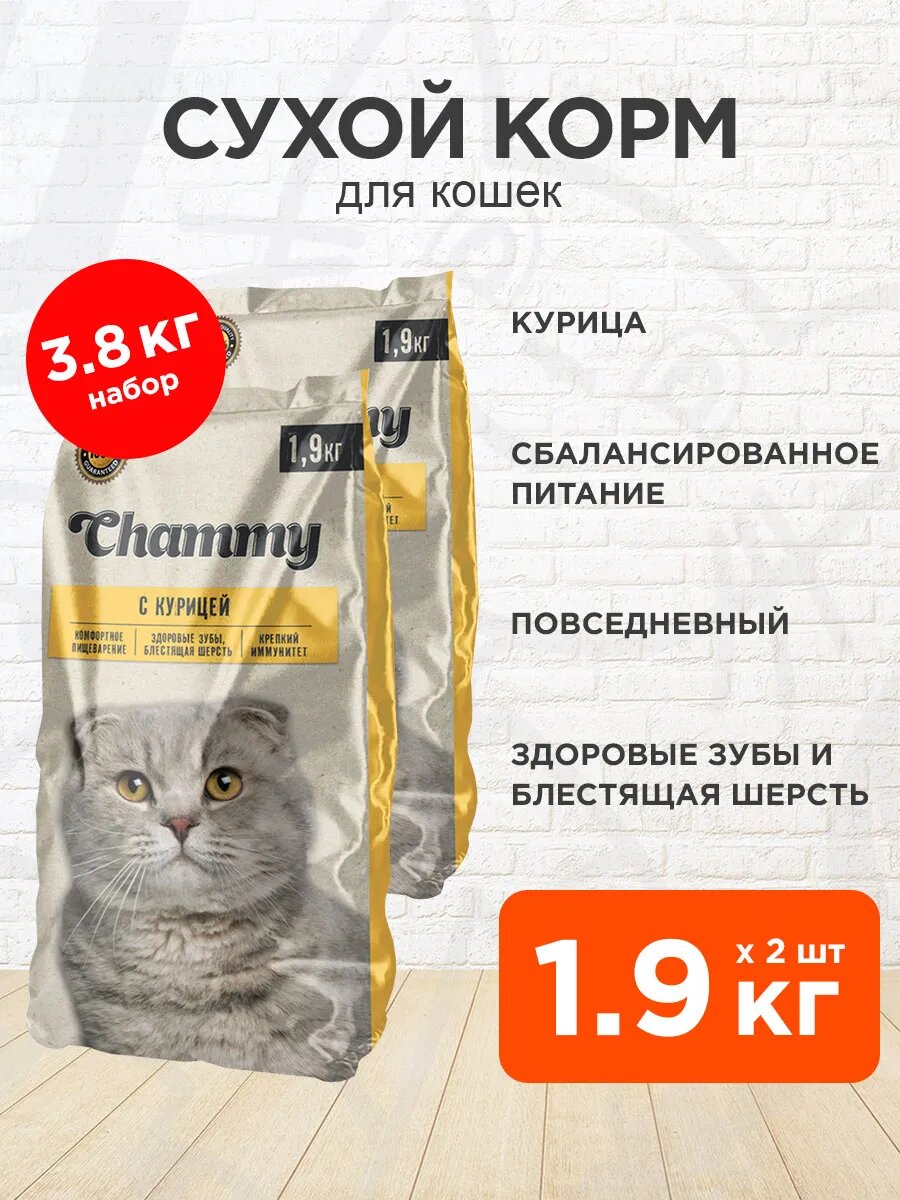 Корм сухой Chammy для взрослых кошек, курица, 1,9 кг 2 шт