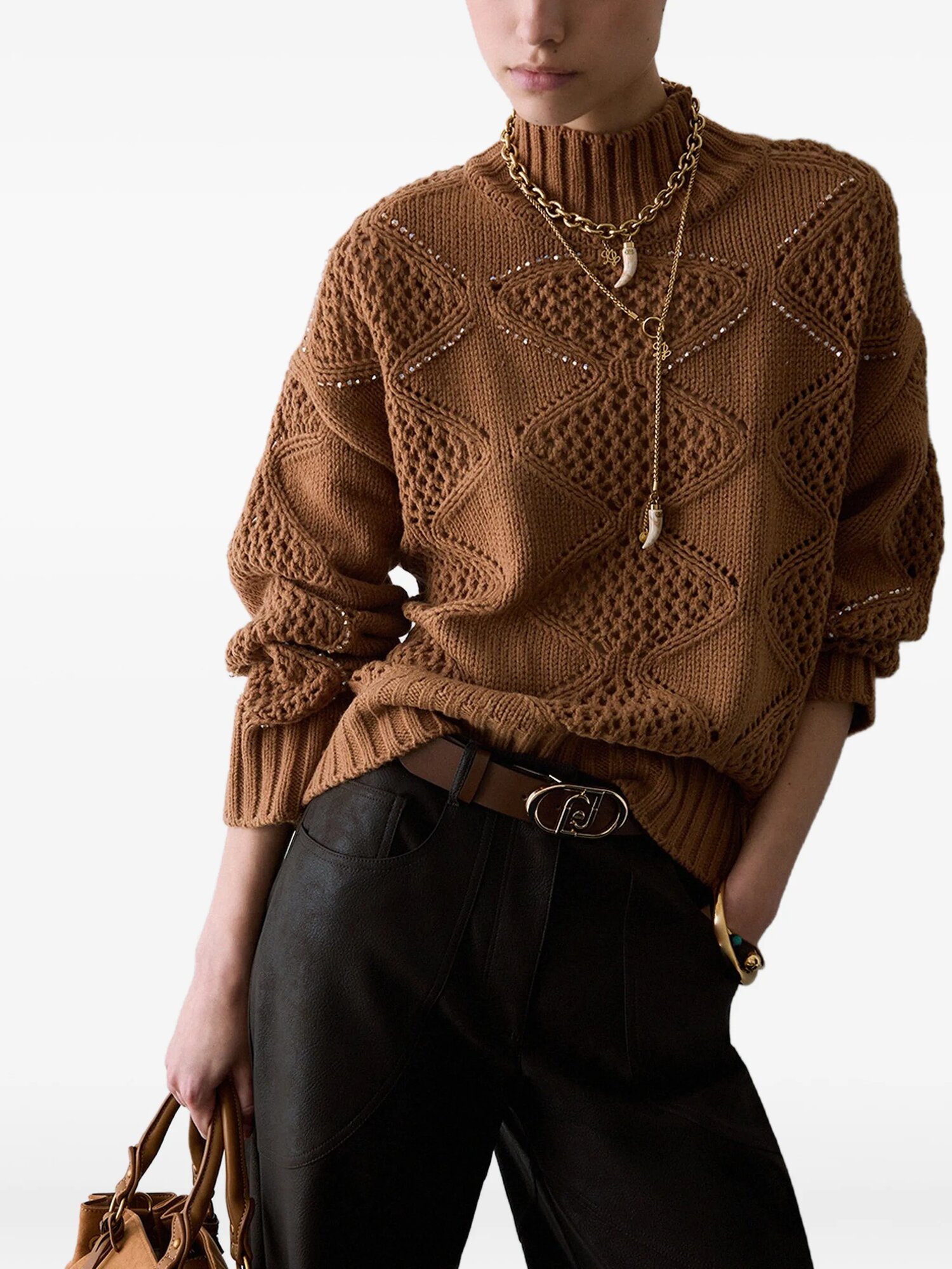 Свитер LIU JO Turtleneck with beads and openwork, размер 34, , brown — фото 1