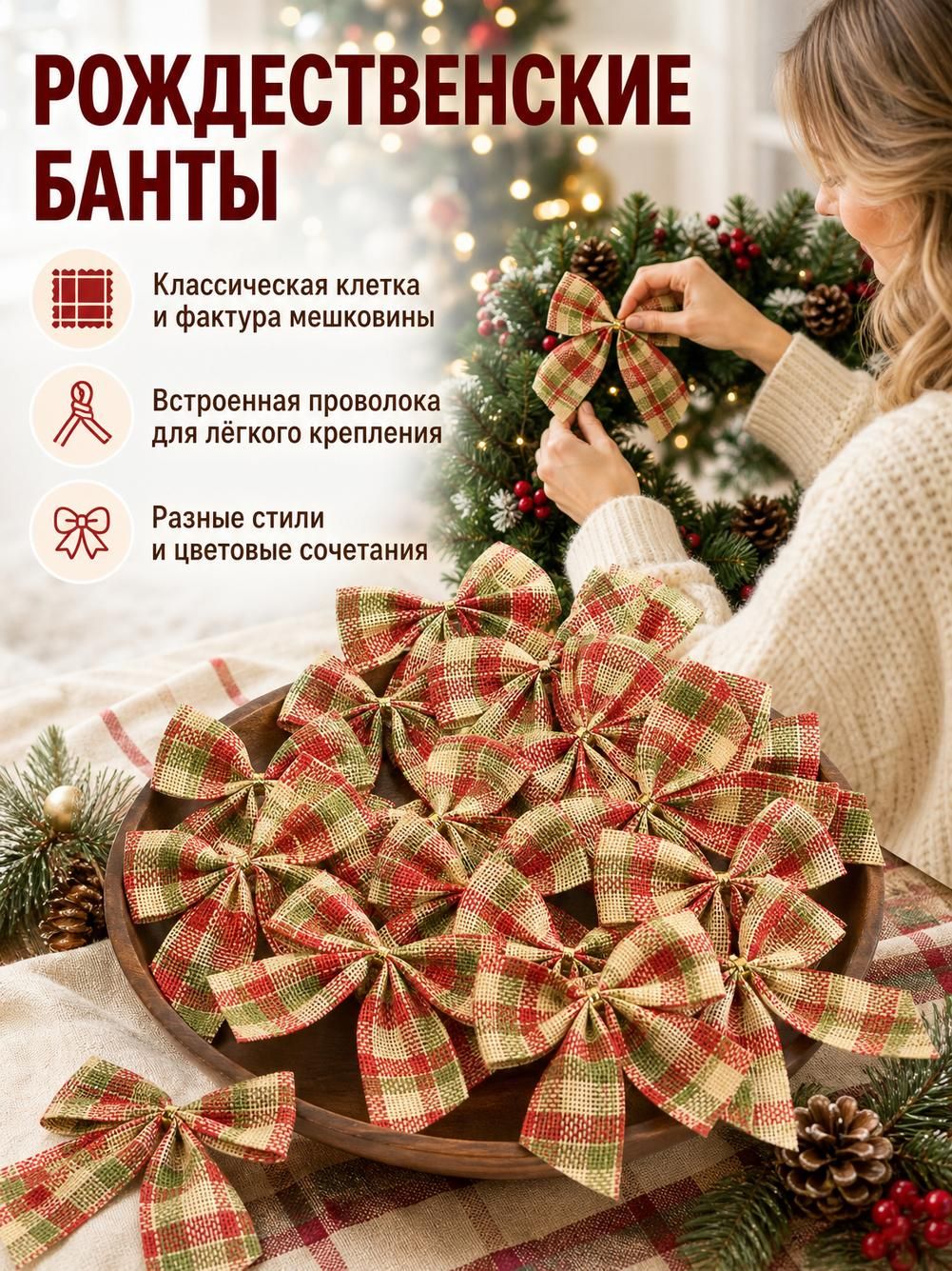 Бант подарочный, 50 шт, 7x7 см, с креплением, ассорти