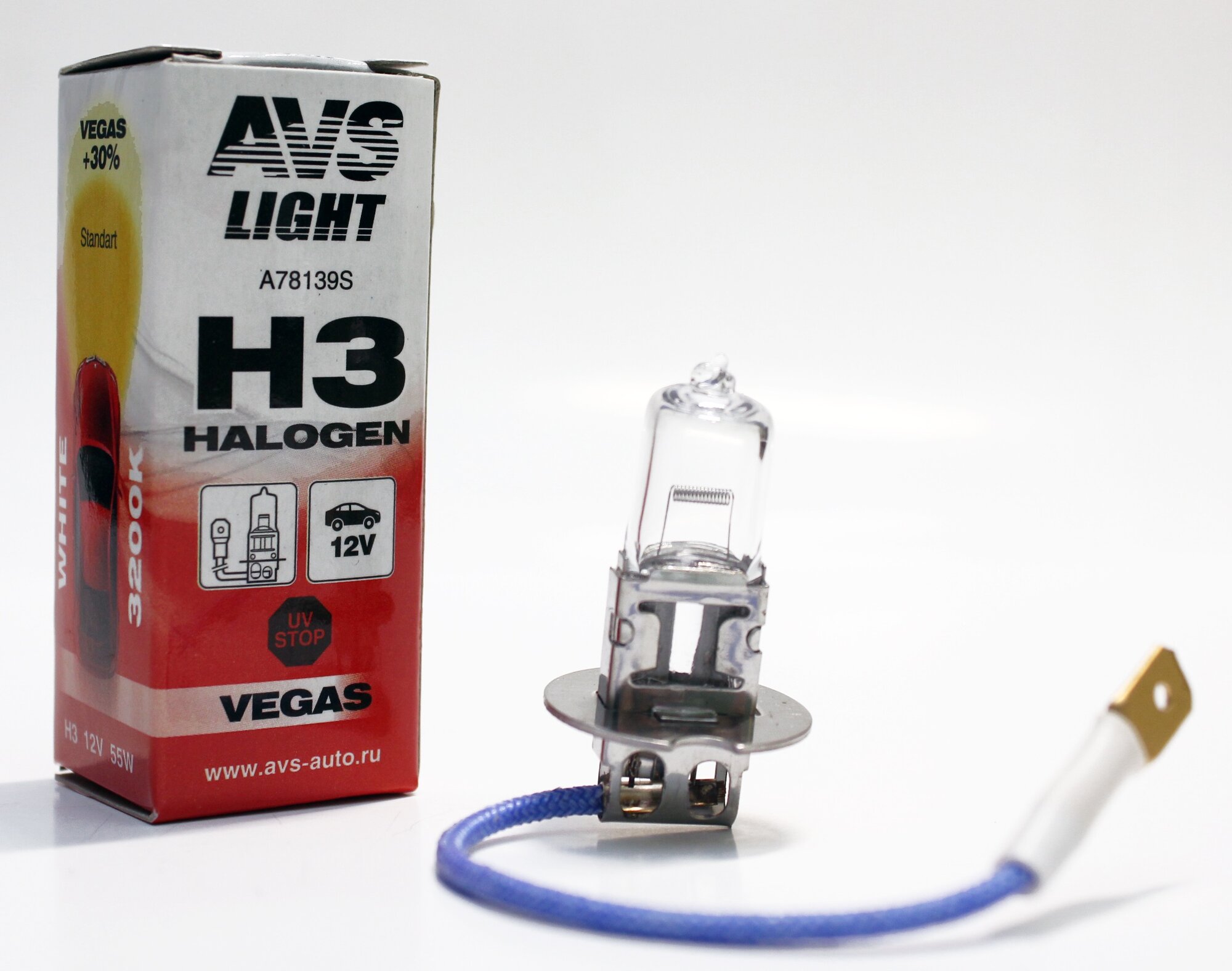 Лампа галоген H3 12V 55W (PK22s) 3200K AVS Vegas (1шт) A78139S (10/1000) Avs Industrial Co A78139S