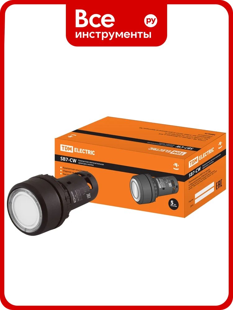 Кнопка управления SB7-CW3161 TDM ELECTRIC с возвратом 1НО d22 мм 24 В LED белая IP54 SQ0746-0024
