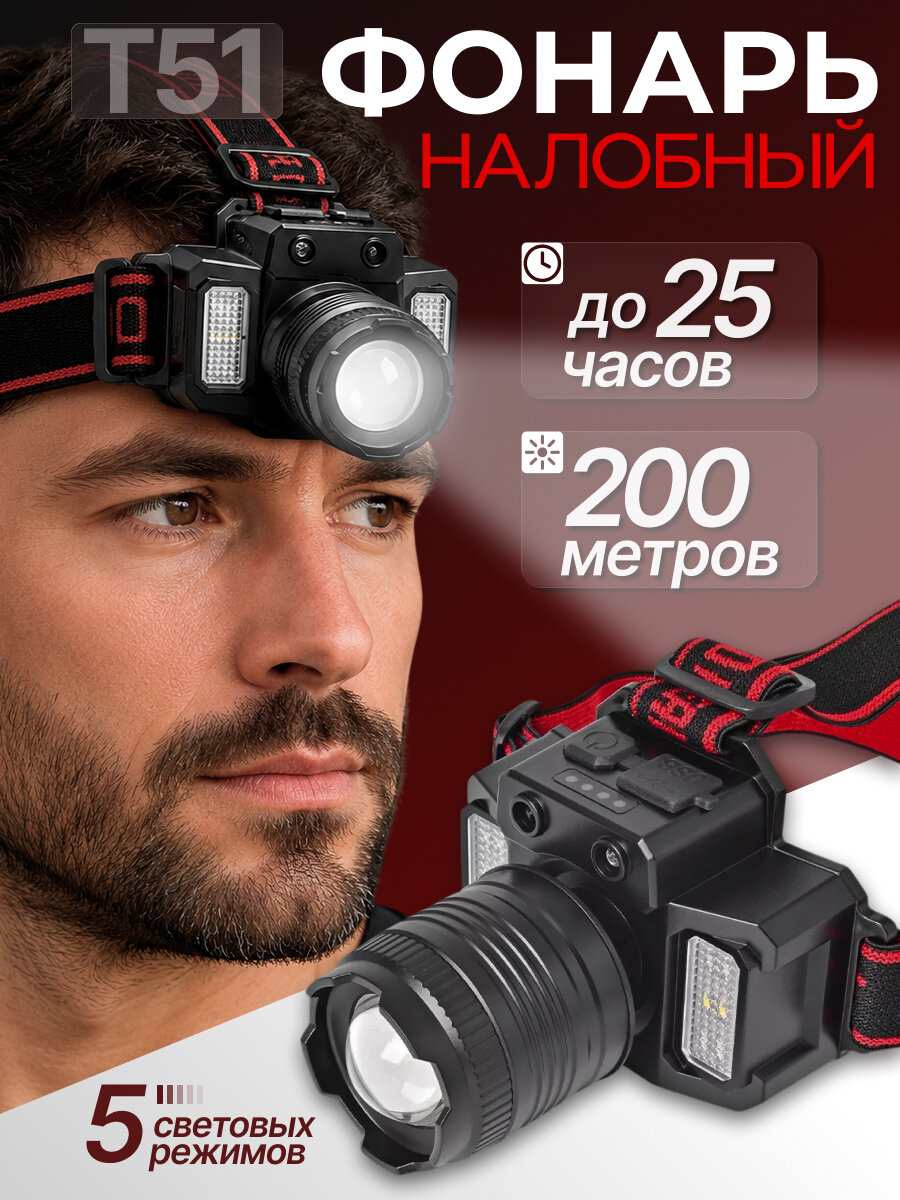 Фонарик налобный аккумуляторный, 5 режимов работы, до 25 часов работы