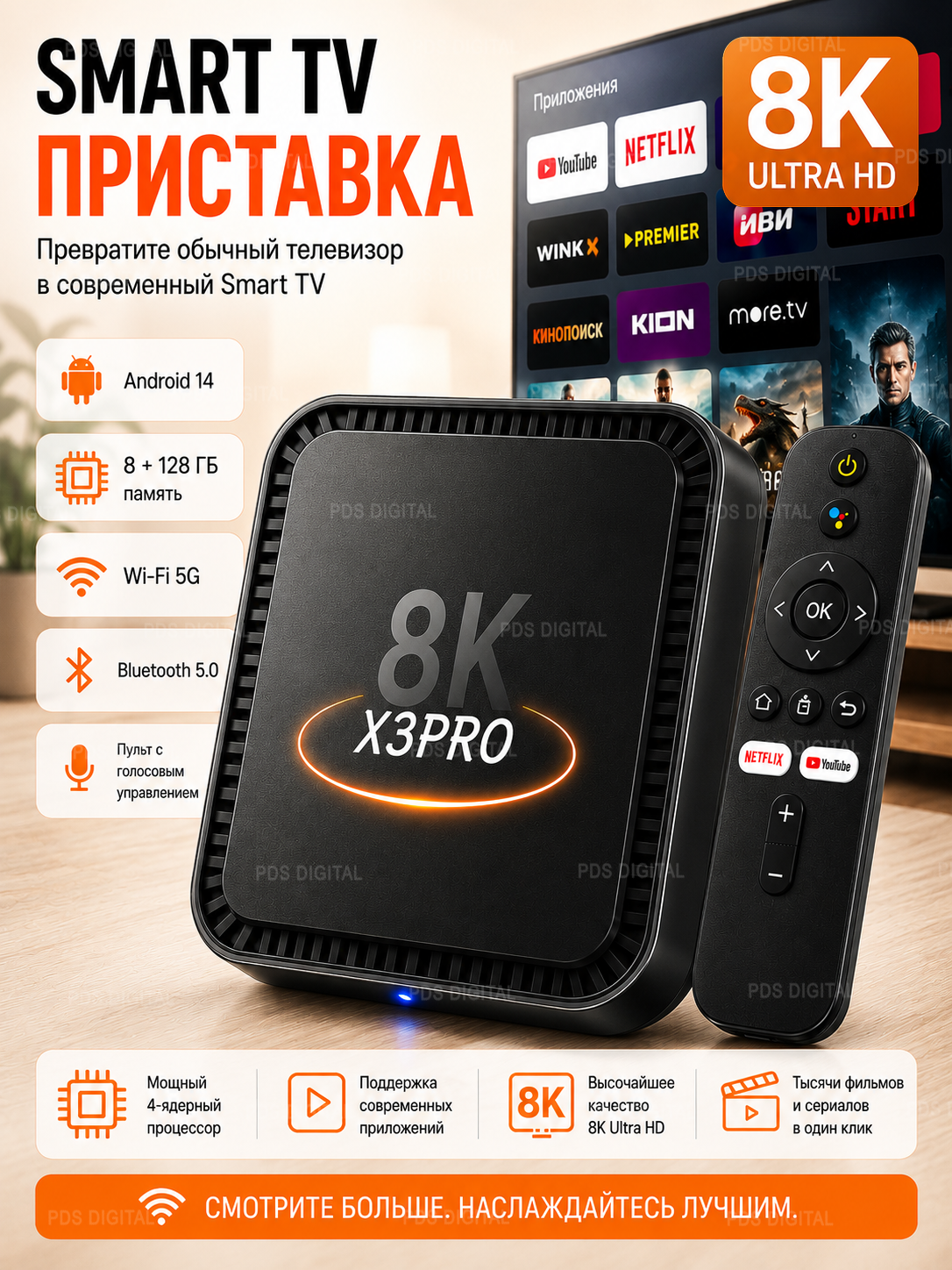 Смарт ТВ приставка для телевизора с LAN, медиаплеер Android TV, 8/128 ГБ, Андроид 14, Wi-Fi, 4K, 8K UHD