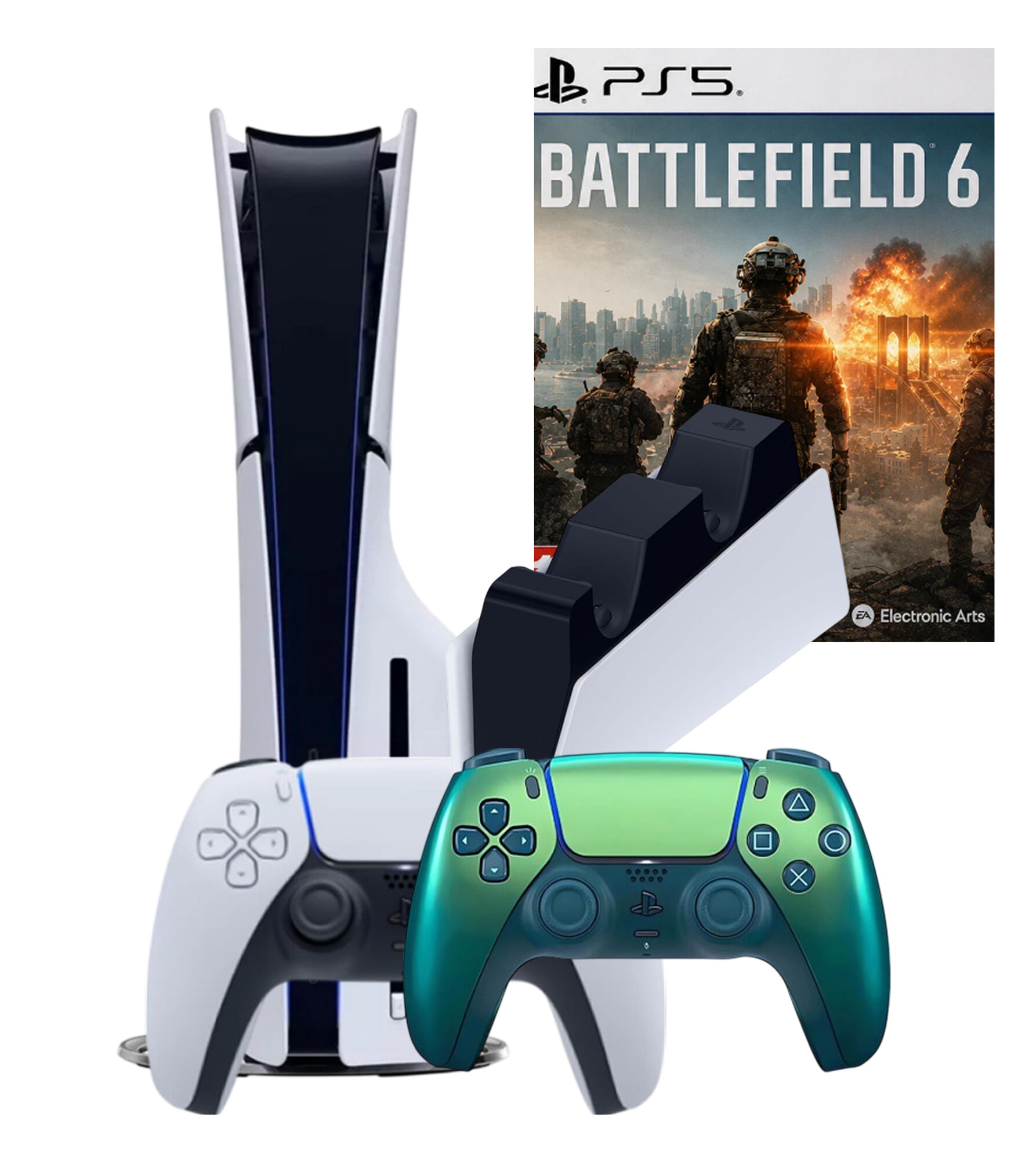 Игровая приставка PlayStation 5 Slim Disk + Battlefield 6+ Dualsense Charging Station + DualSense PS5 Chrome Teal