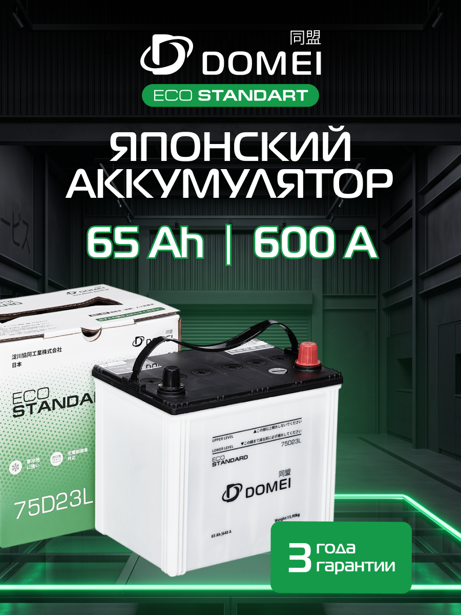 Аккумулятор автомобильный 65 Ач 640 А обратная полярность DOMEI 75D23L