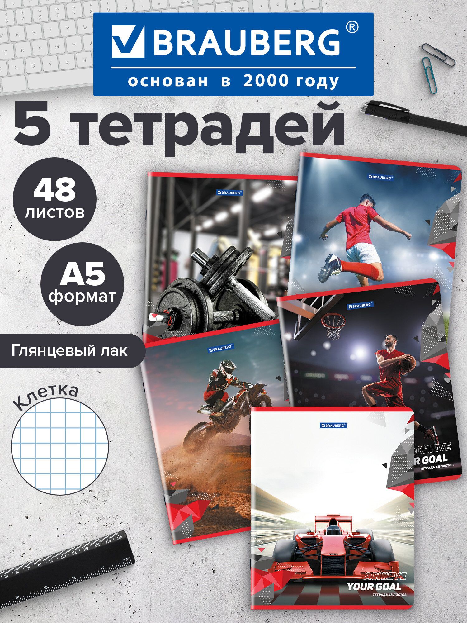Тетрадь 48 листов в клетку Brauberg 5 штук набор