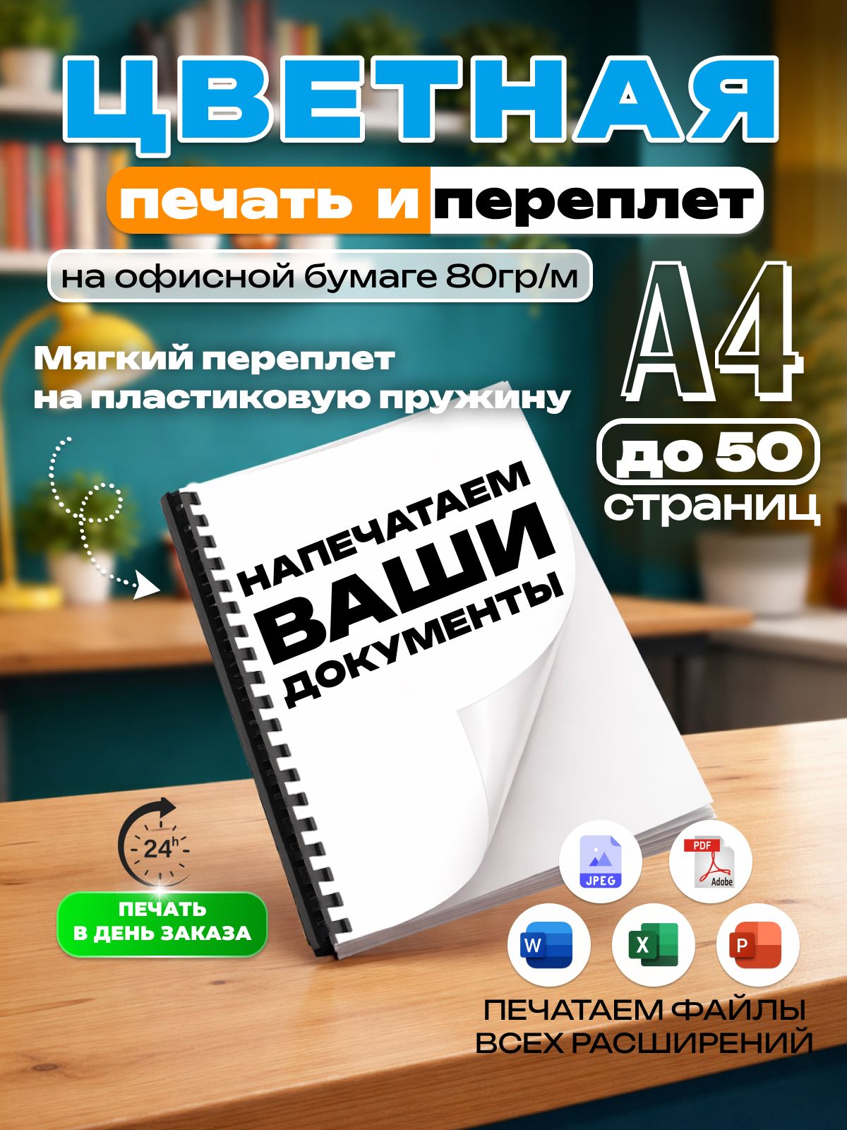Цветная печать документов А4 с пластиковым переплетом 50л