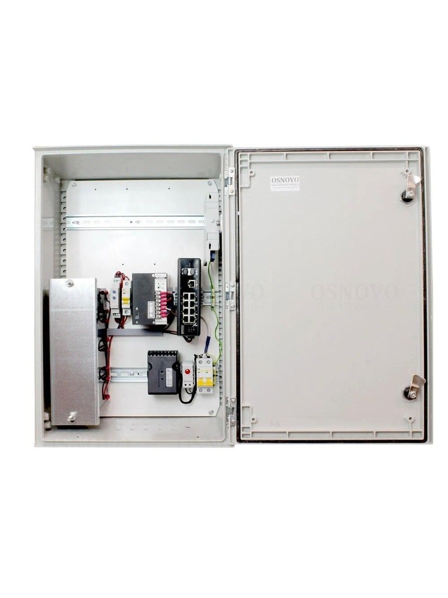 Уличный коммутатор Osnovo OSP-46TB1(SW-60812/I) - с термостабилизацией и резервным питанием на базе уличной станции Osnovo OSP-46TB1. Порты: 6xFE (10/100Base-T) с PoE (30W) + 2xFE
