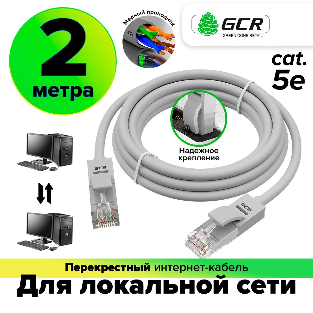 Патч-корд перекрестный для подключения нескольких компьютеров кат5е GCR UTP CCA 1Гбит/c 100Hz 2 метра серый Lan кабель для интернета патч корд