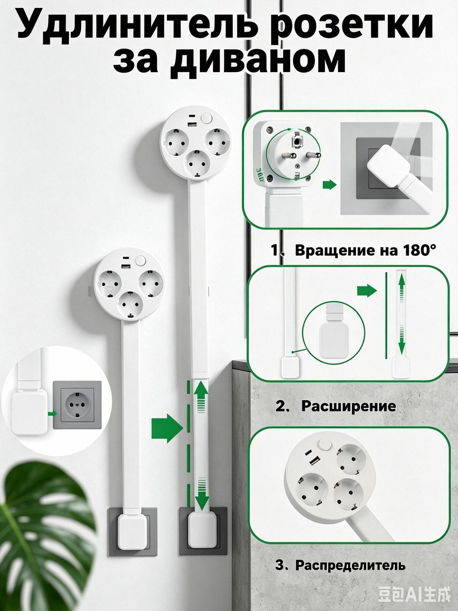 Удлинитель розетки за диваном, 3 розетки+USB A/C, поворотный, телескопический