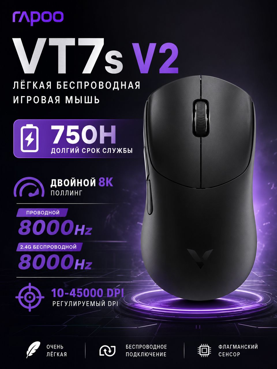Беспроводная игровая мышь Rapoo VT7s V2 (Dual 8000Hz, 2 режима подключения, ультралегкая, сенсор PixArt, для CS2/Valorant)