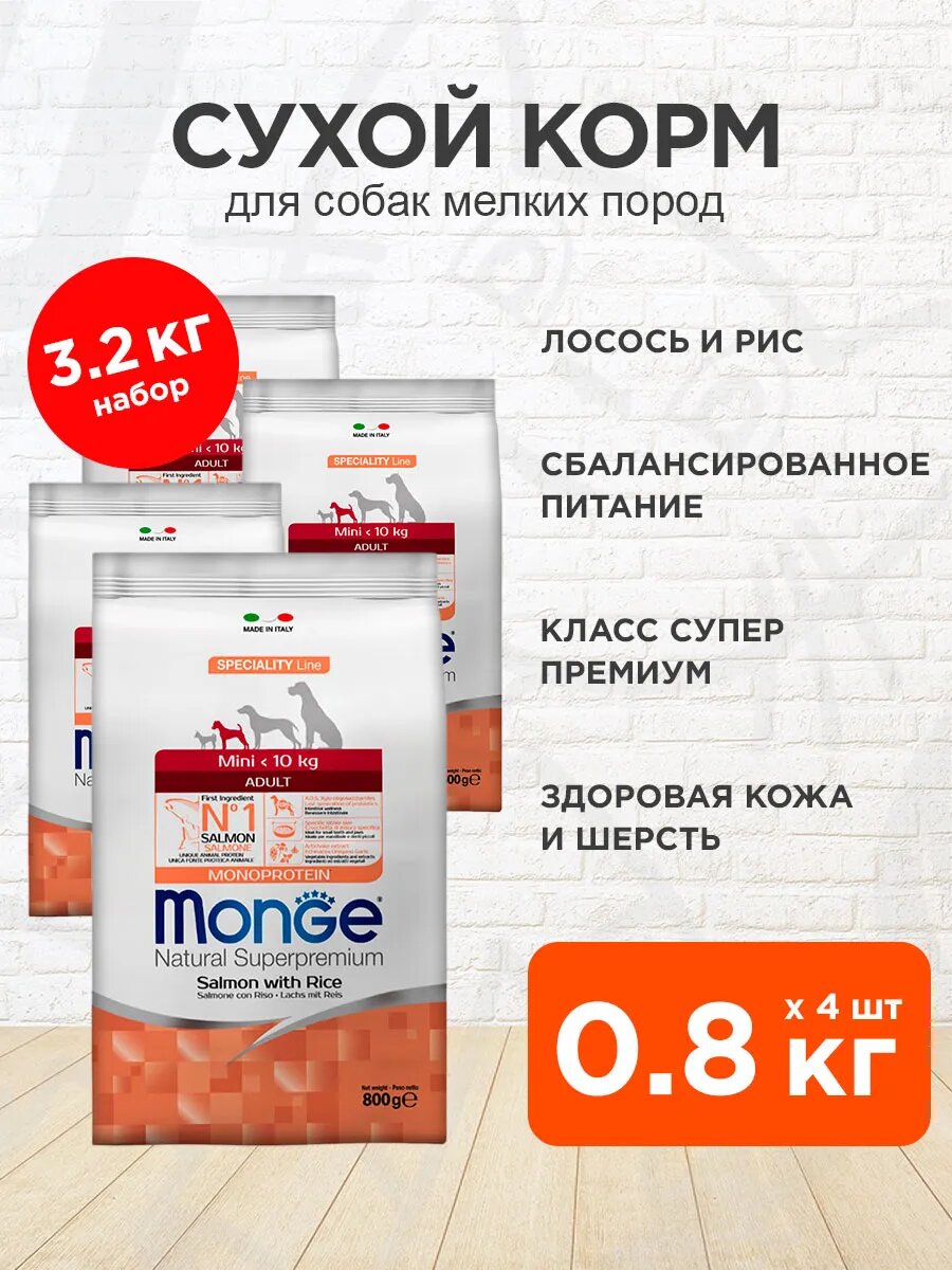 Корм сухой Monge Speciality Dog Mini Adult Salmon для взрослых собак мелких пород, лосось, рис, 800 г 4 шт