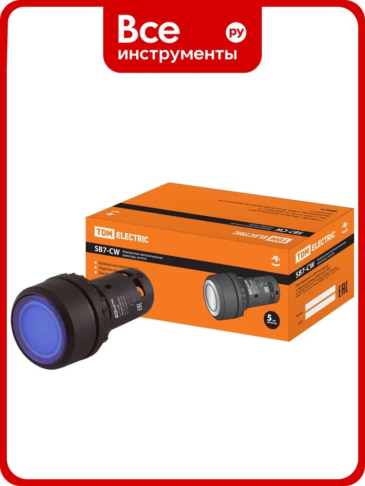 Кнопка управления SB7-CW3665 TDM ELECTRIC с возвратом 1НО+1НЗ d22 мм 24 В LED синяя IP54 SQ0746-0040