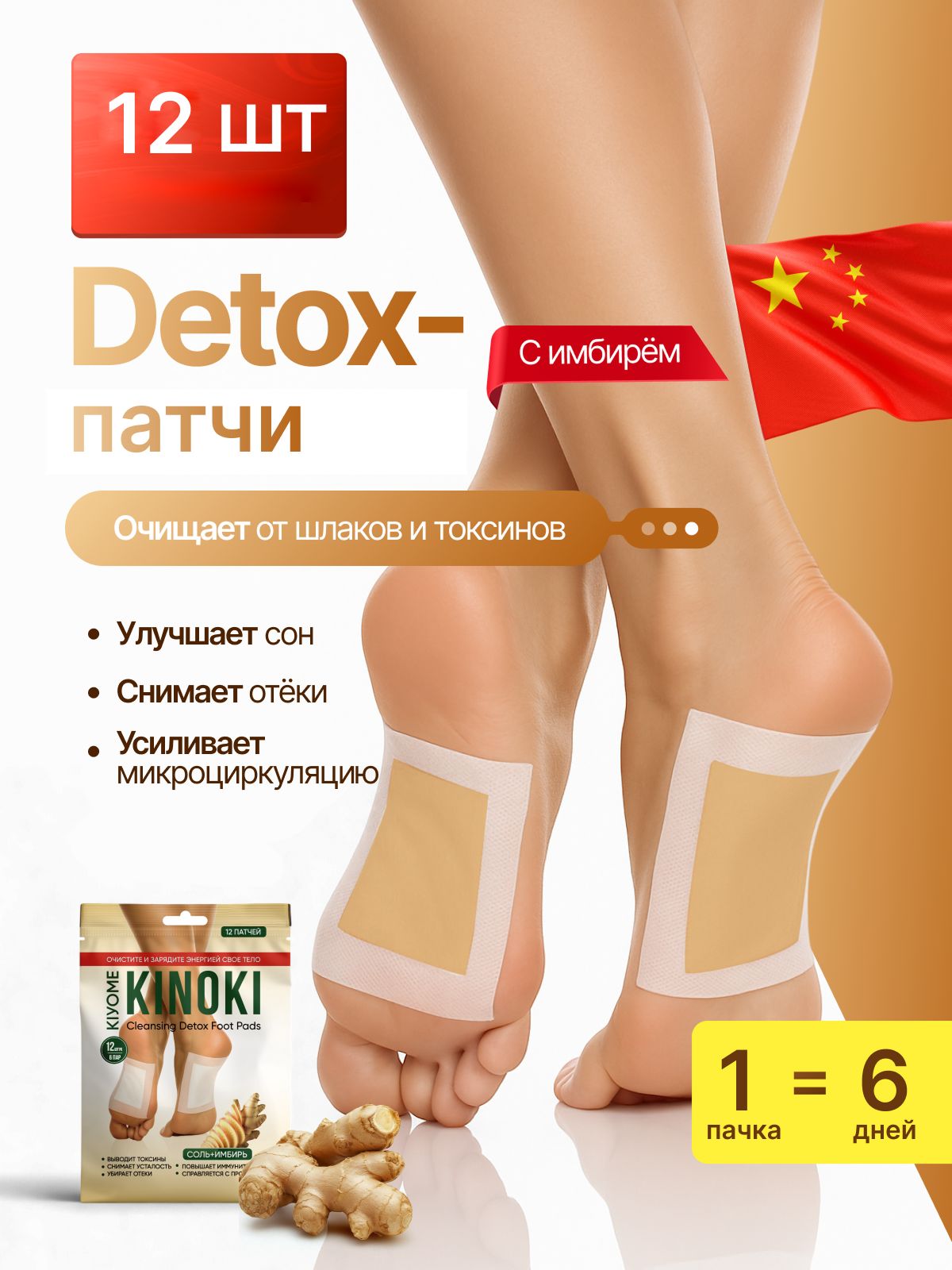 Детокс пластырь для стоп согревающий, для похудения, 12 шт