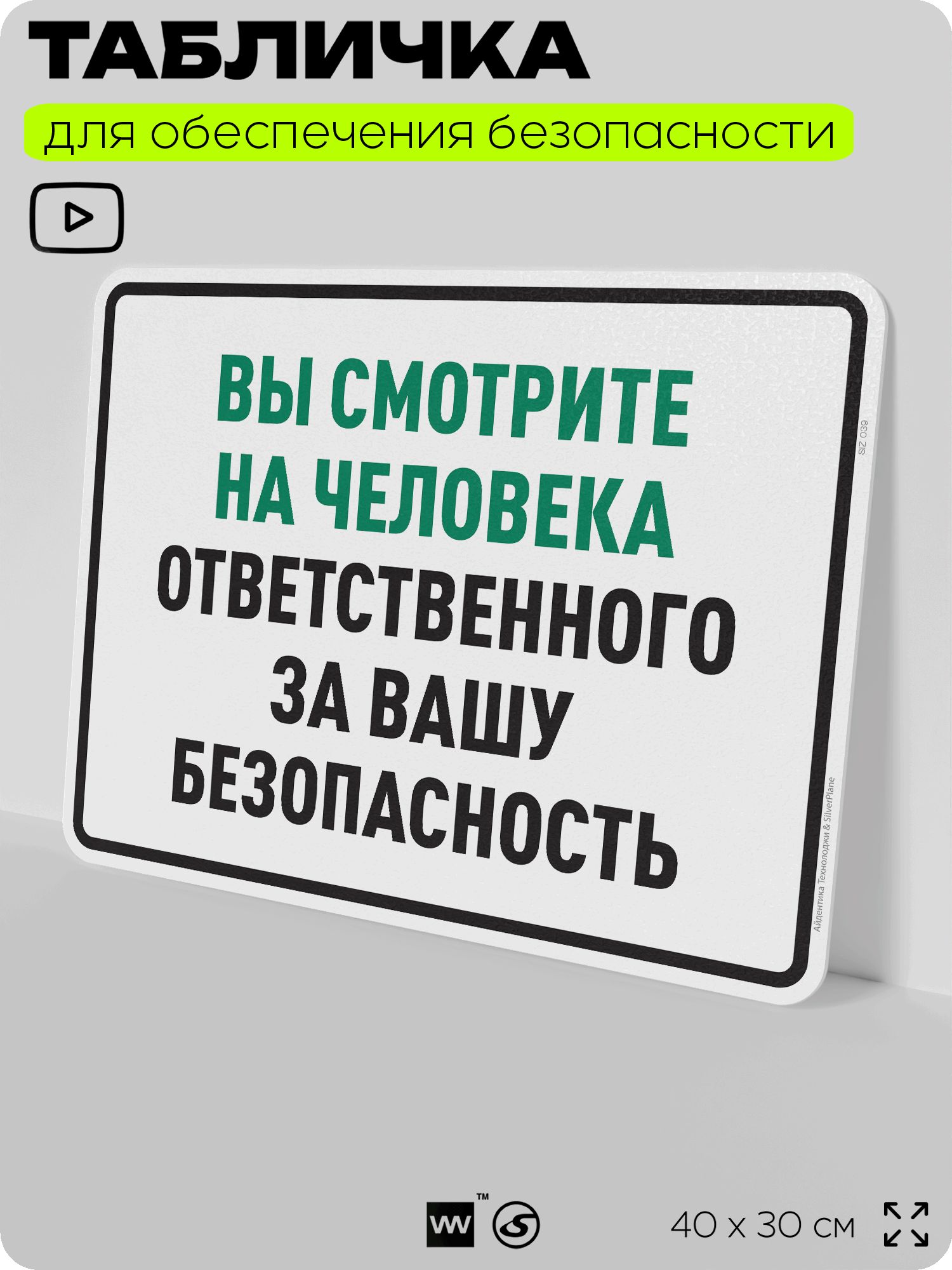 Табличка для обеспечения безопасности "Вы смотрите на человека ответственного за вашу безопасность", для производства, предприятия, организаций, 40х30 см, Silver Plane x Айдентика Технолоджи