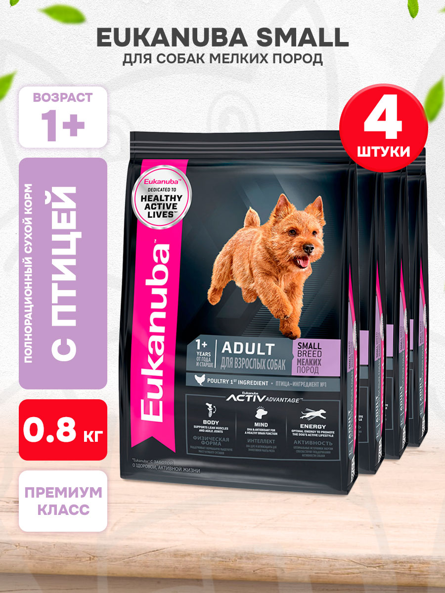Корм сухой Eukanuba Adult Small Breed для взрослых собак мелких пород, птица, 800 г 4 шт